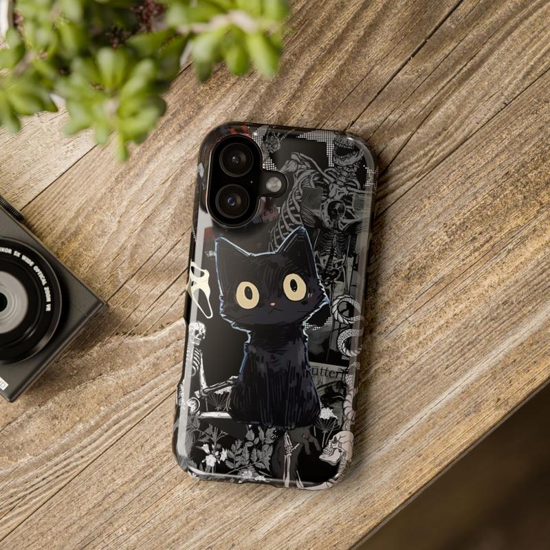 Gothic Black Cat Phone Case – Dark Aesthetic Phone Cover with Skeleton ...