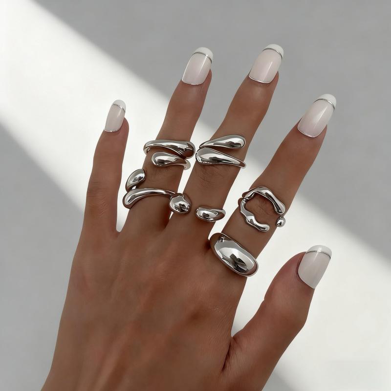 6-piece set of curved metal-finish rings, open design, minimalist style ...