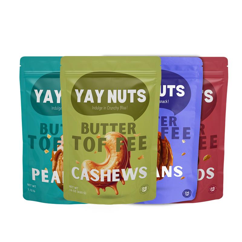 YAY NUTS Butter Toffee Pecans, Cashews, Almonds & Peanuts – Crunchy ...