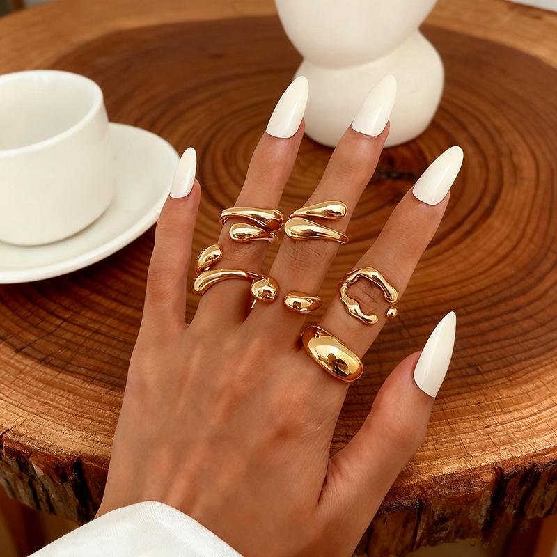 6-piece set of curved metal-finish rings, open design, minimalist style ...
