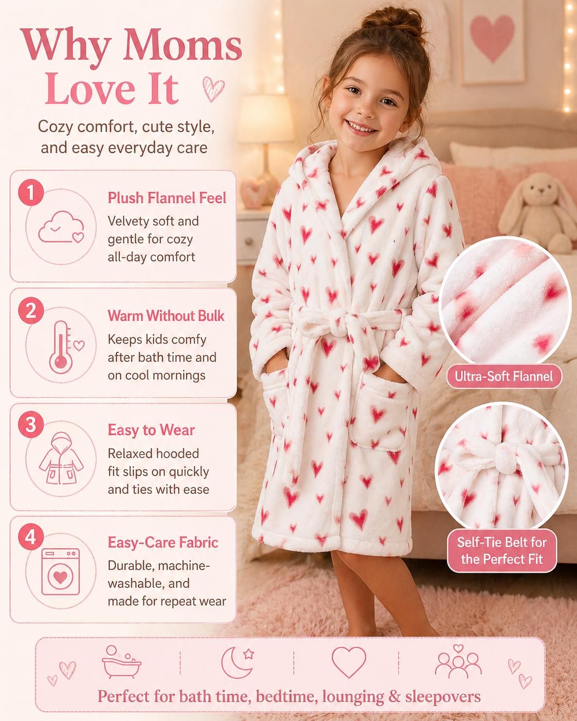 Girls' White Red Heart Print Long Sleeve Soft Flannel Hooded Bathrobe ...