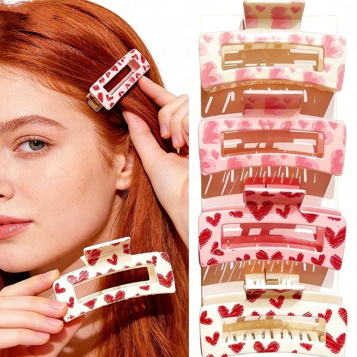 4pcs Heart Print Hair Clips for Women, Cute Square Barrettes, Valentine ...