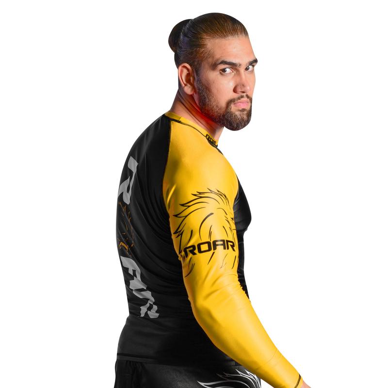 ROAR-INT Yellow-Black Long Sleeve Men’s MMA BJJ No-Gi Training Grappling Compression Rash Guard ...
