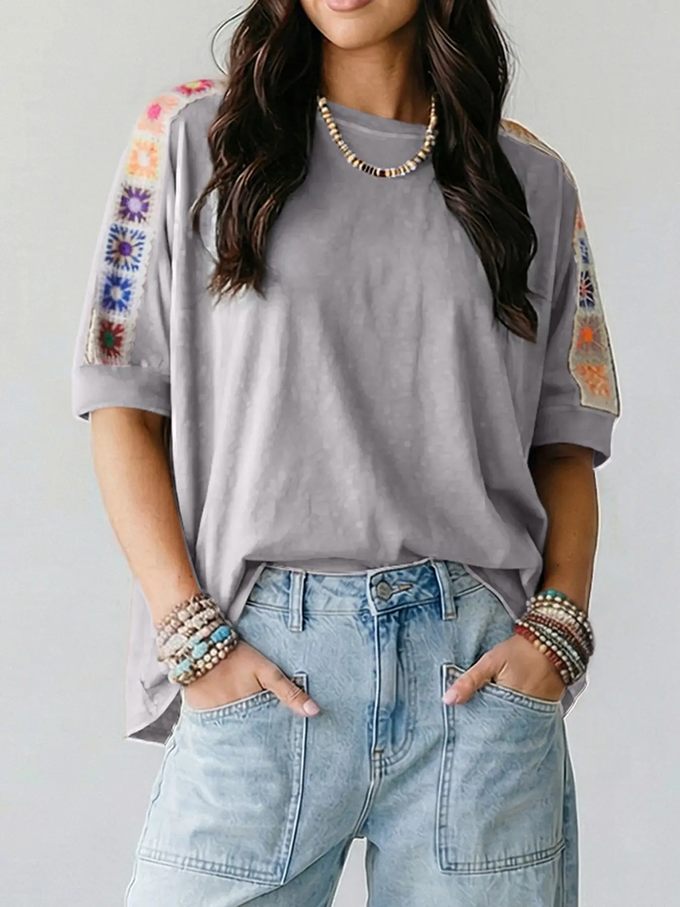 Summer Fashion Solid Color Granny Stripe Crochet Detail Loose T-Shirt ...