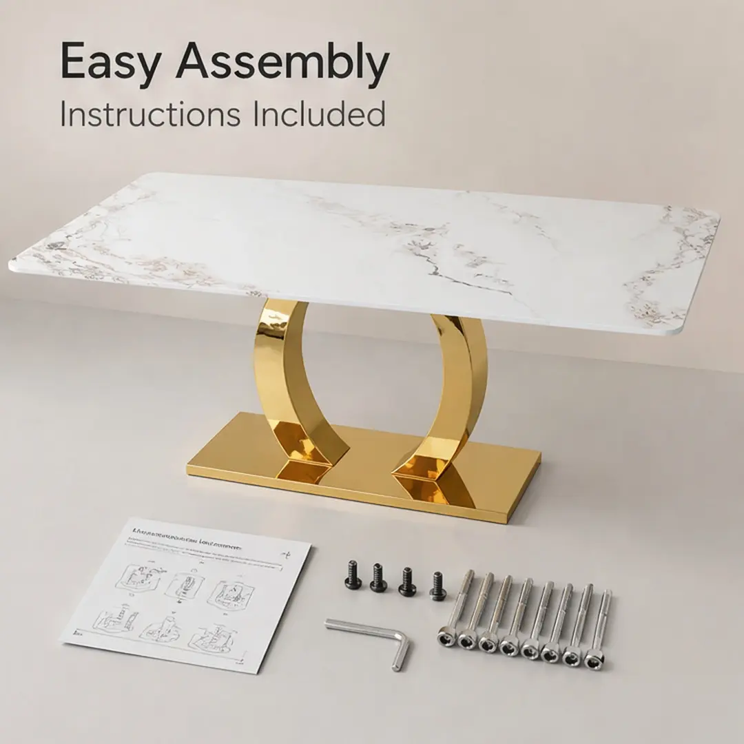 ARCH White Glass Dining Table for 4-6 People, Modern Marble Look ...