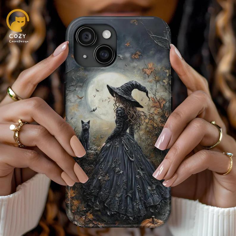 Witch Phone Case,Gothic Witch,Full Moon Design with Black Cat,Halloween ...