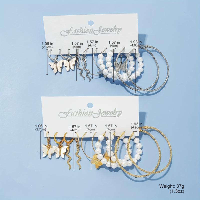 10 Pairs Set Of Hoop Earrings Snake Butterfly Imitation Pearl Design ...