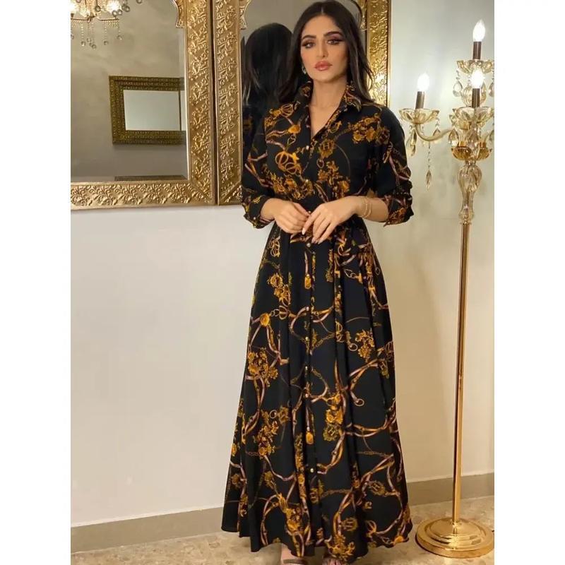 Muslim Abaya Dress Women Ramadan Print Shirt Dresses Autumn Turkey ...