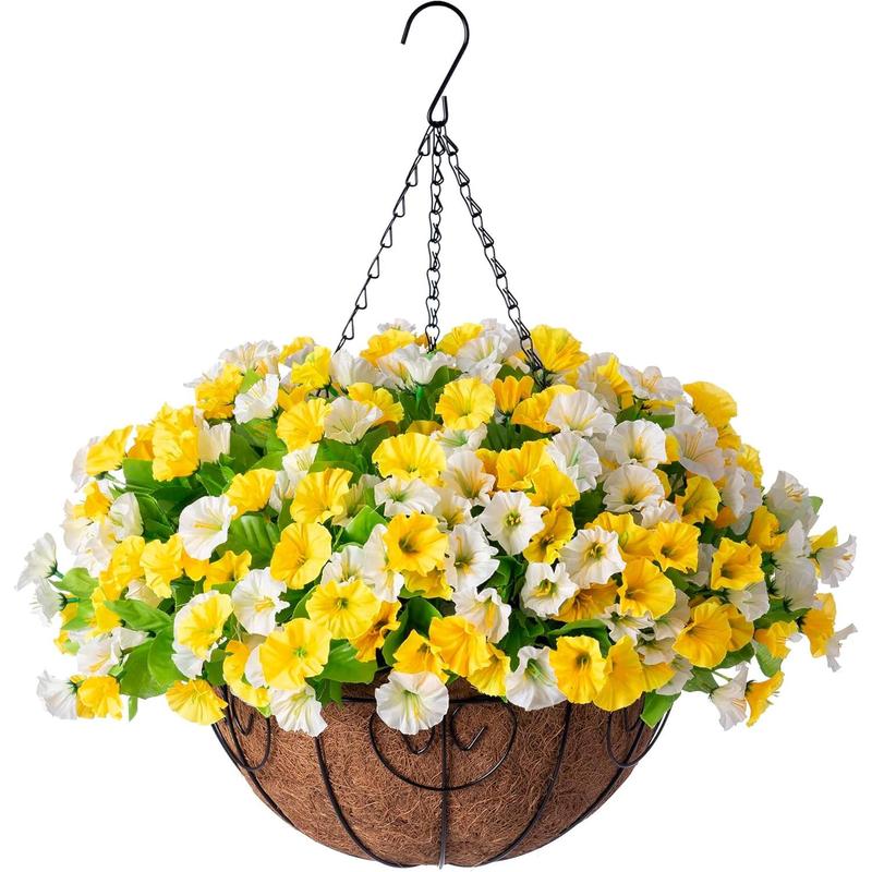 Artificial Hanging with Basket, Faux Silk Petunias Flower Arrangement ...