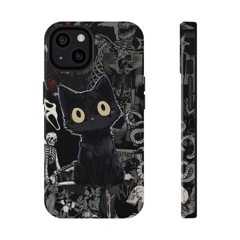 Gothic Black Cat Phone Case – Dark Aesthetic Phone Cover with Skeleton ...