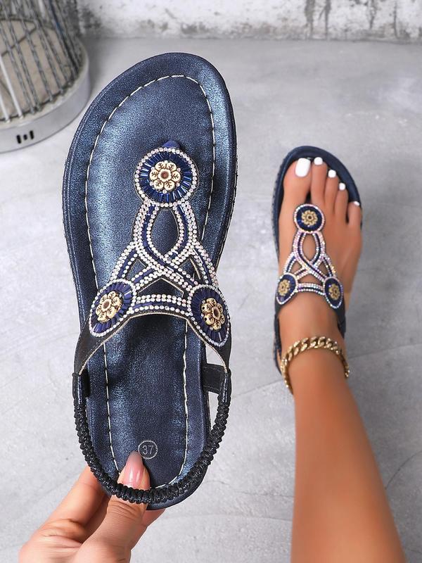 Women's Boho Style Rhinestone Design Sandals, Fashionable Flat Sandals ...