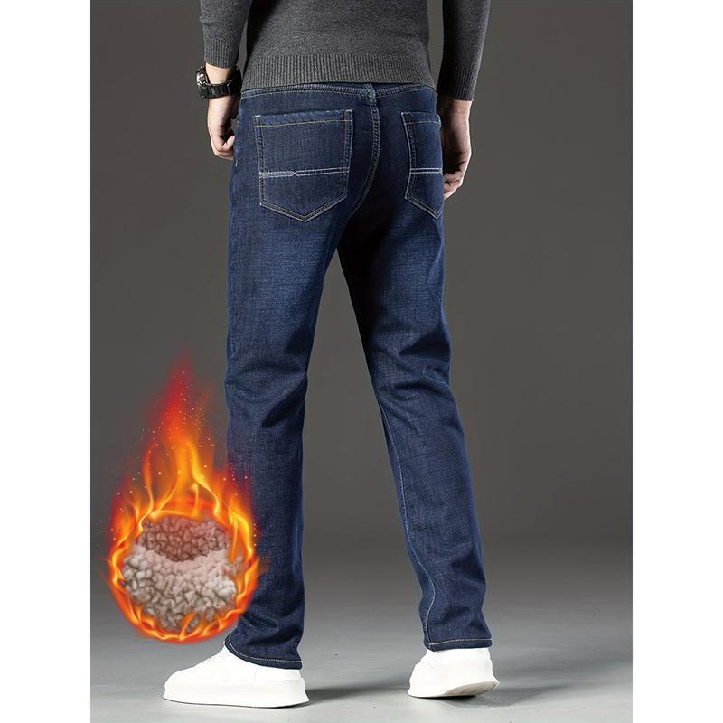 Men's Winter Warm Fleece-Lined Jeans - Thickened Elastic Straight-Leg ...