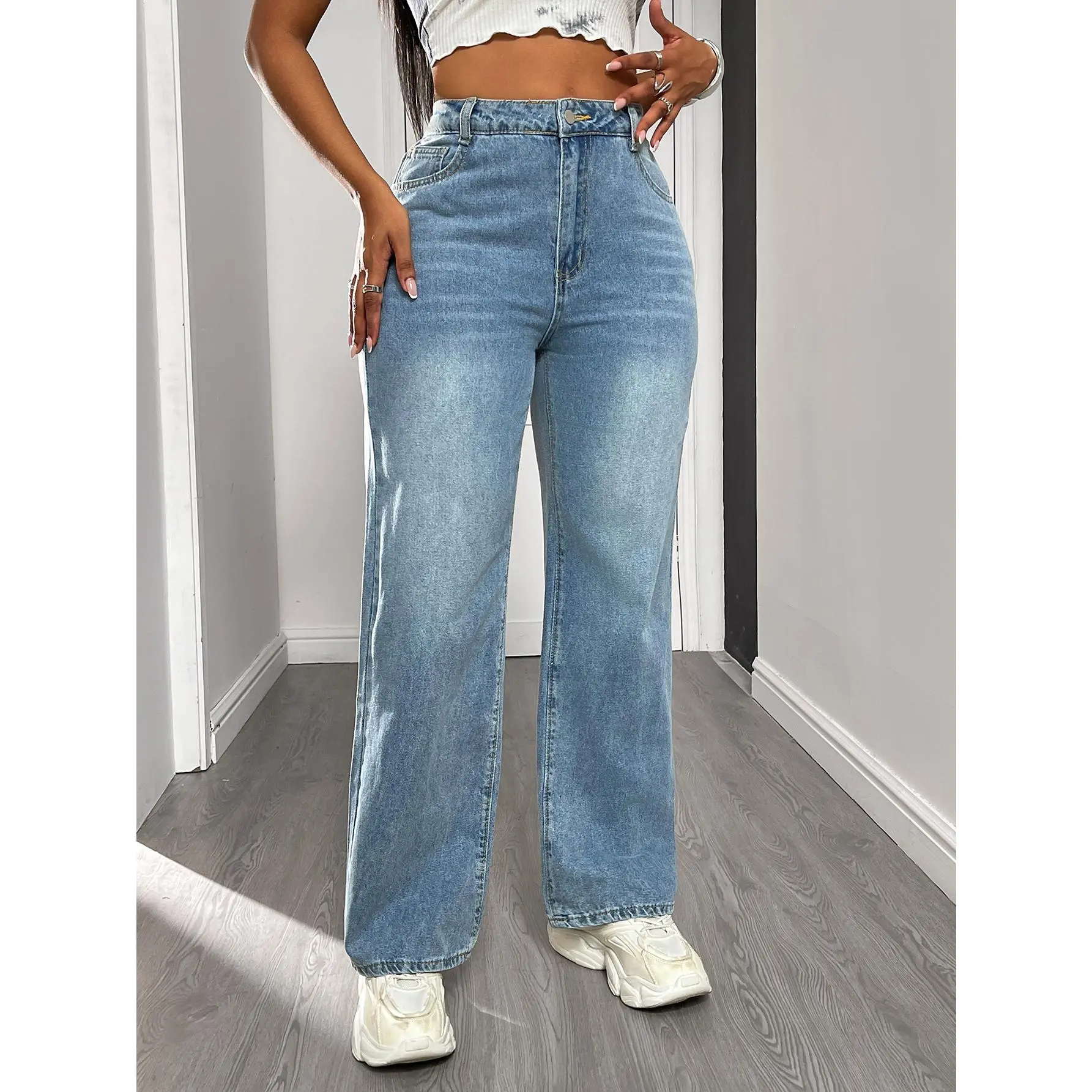 Trendy High-Waisted Light-Wash Bootcut Denim Jeans - TikTok Shop