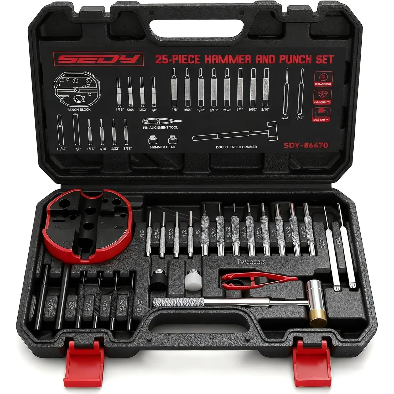 Pin Punch Hammer Set: 25- Punch Set and Hammer with Bench Block, Steel ...