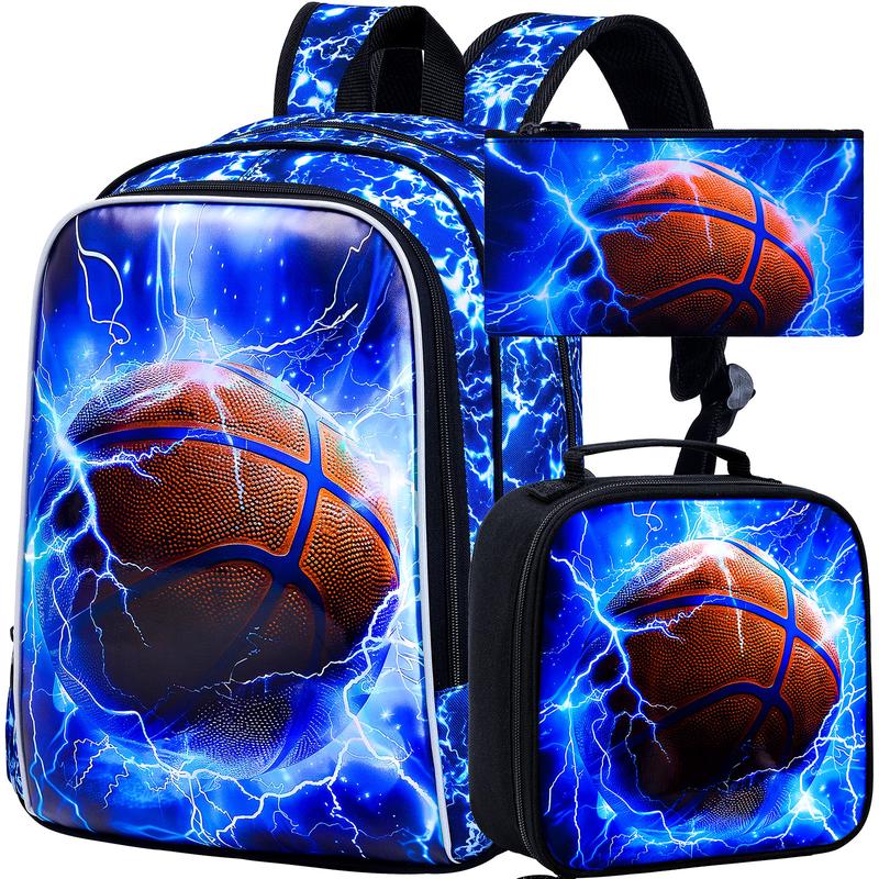 3PCS Kids Basketball Backpack, Boys Lightning School Bag with Lunch Box ...