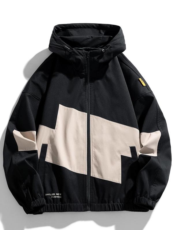 Men's Letter Print Patchwork Drawstring Zip Up Hooded Jacket, Regular ...