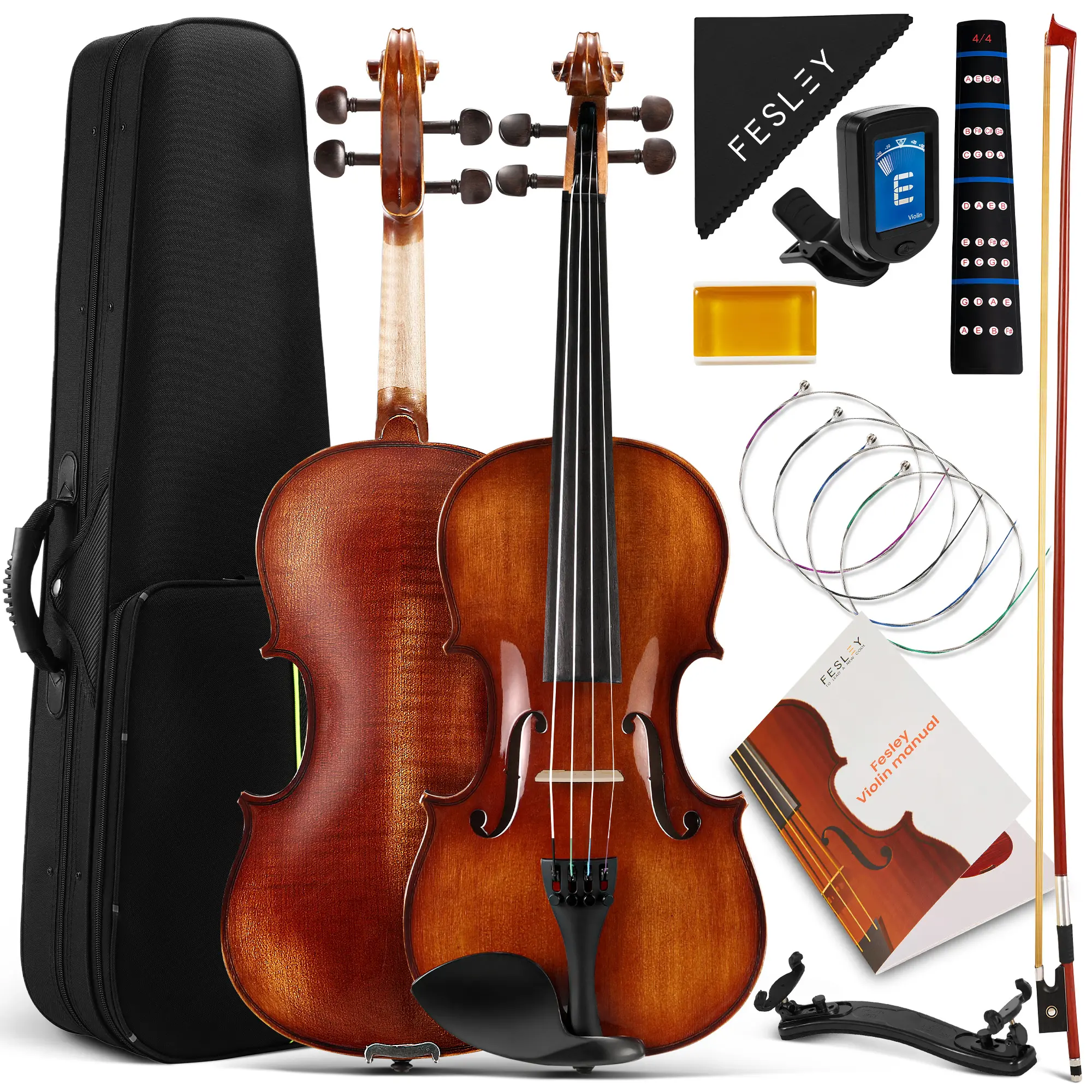 Fesley Violin 4/4 Full Set, Flame Maple Solid Wood Fiddle Violins with ...