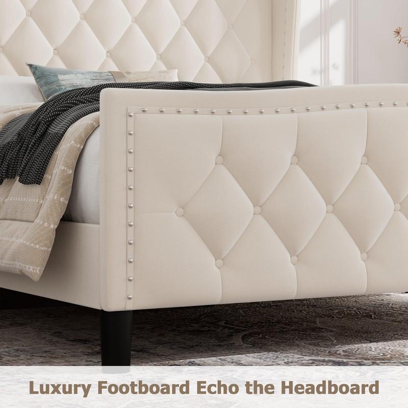 Full Size Bed Frame, Velvet Upholstered Platform Bed with Wingback ...