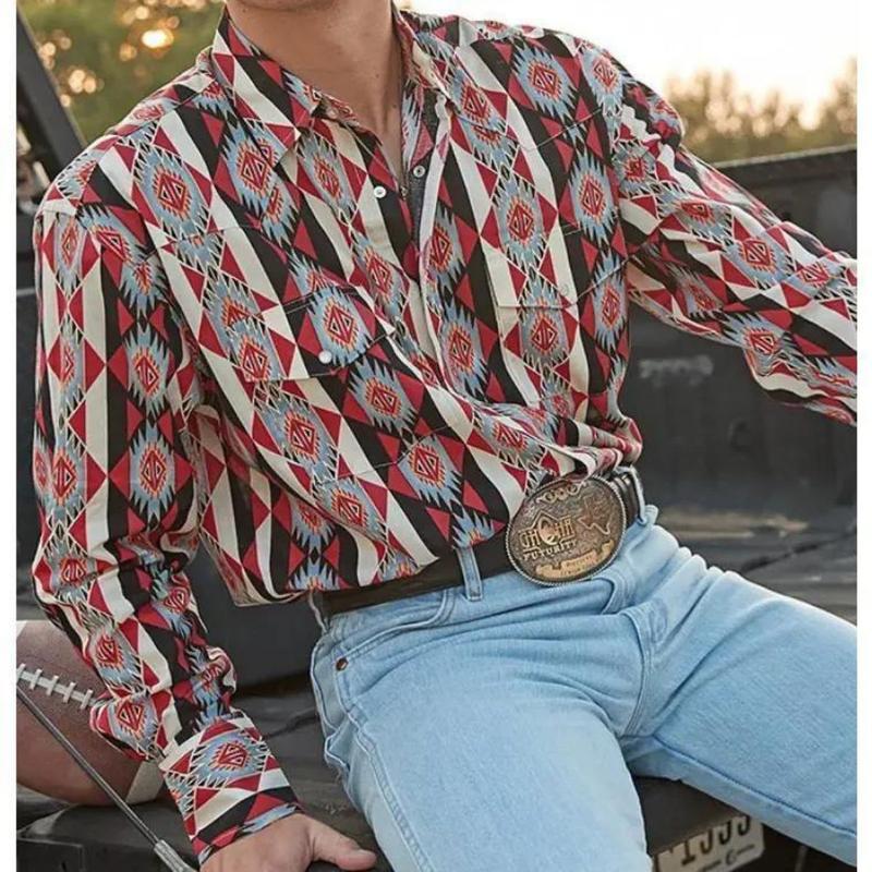 Casual Aztec Print Western Men's Long Sleeve Shirt Vintage Men's Casual ...