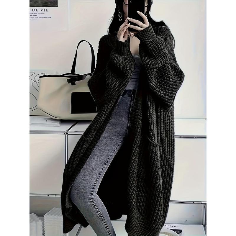 Solid Color Open Front Knitted Cardigan, Casual Long Sleeve Length ...