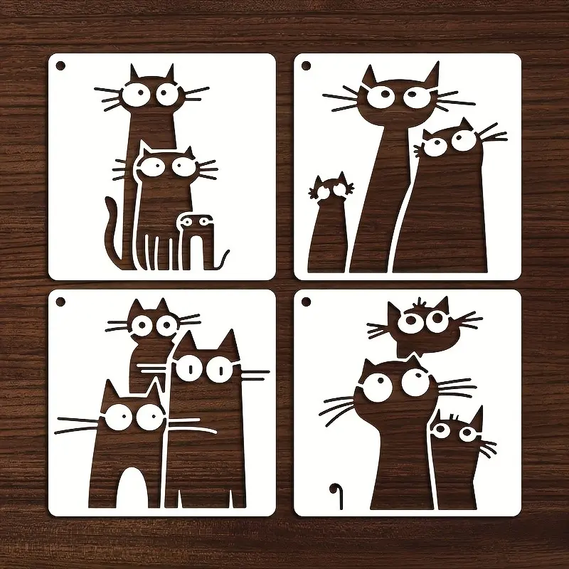 4-Pack Cartoon Style Fun Crazy Cat Art Templates, Reusable 4x4 Inch ...