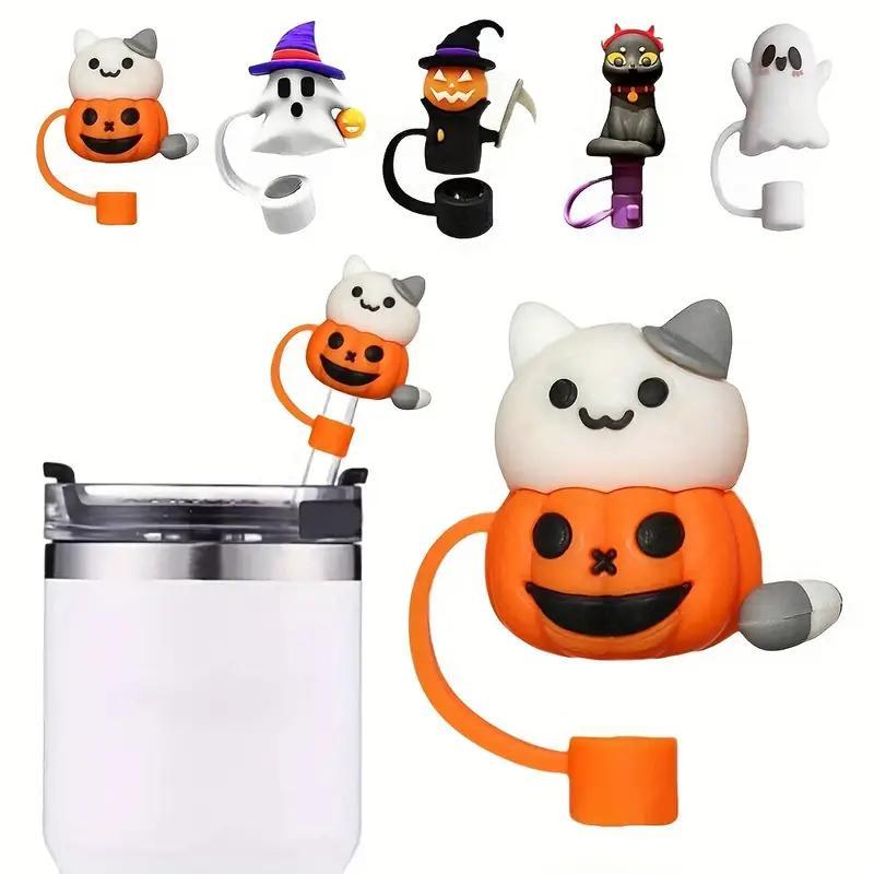 Halloween Themed Silicone Straw Cap, 5 Counts/set Cute Ghost & Pumpkin ...