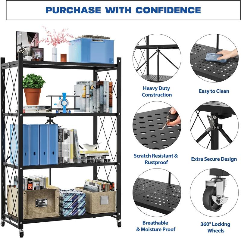 4-Tier Foldable Storage Shelf with Wheels Metal Rack Collapsible ...