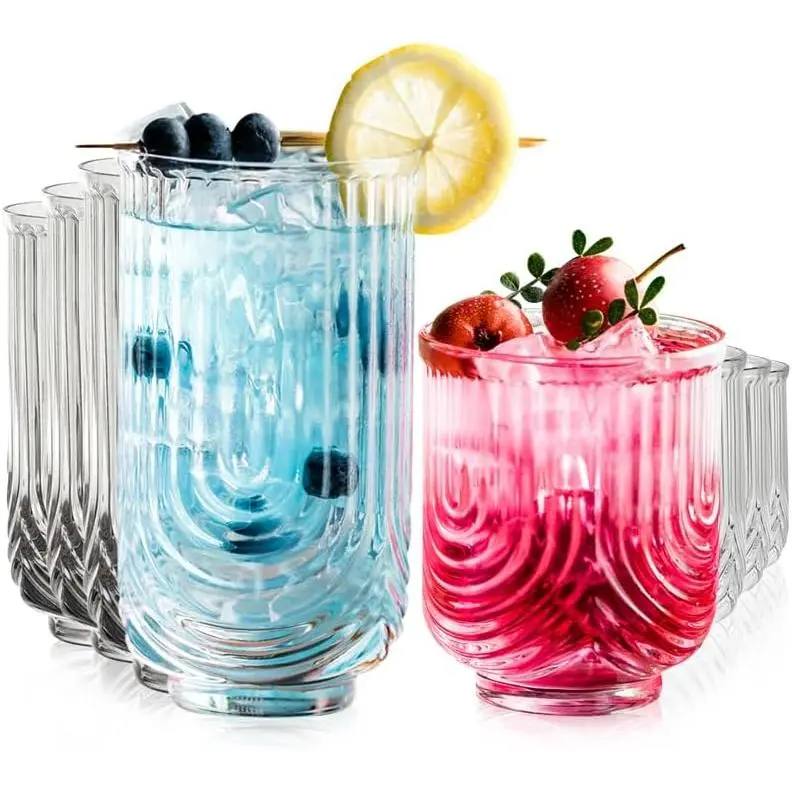 Art Deco Glasses, Highball Glasses Set Of 8, Ribbed Glasses, Drinking ...