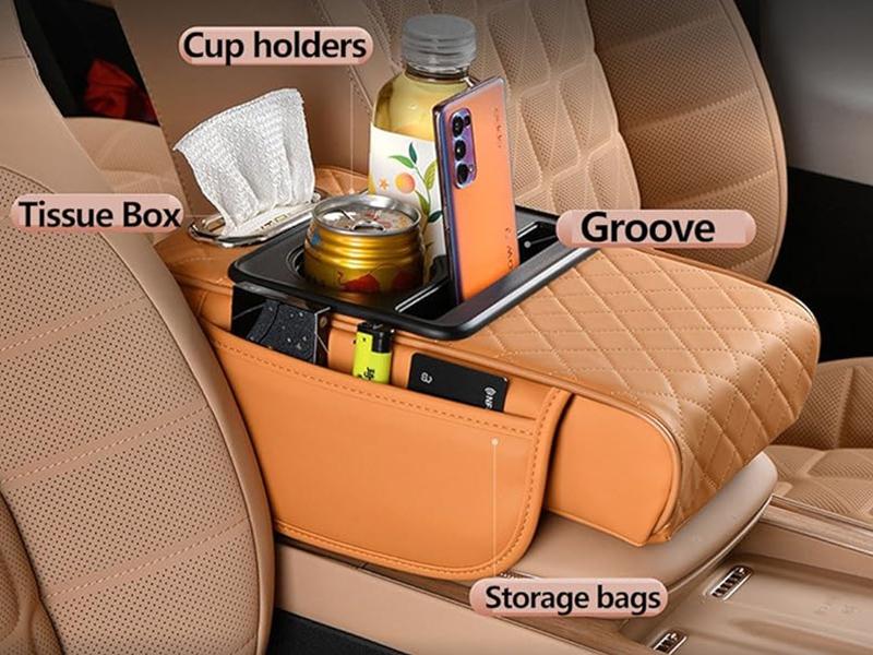 Car Armrest Cushion,5-in-1 Center Console Cover with 2 Storage Bags Cup ...