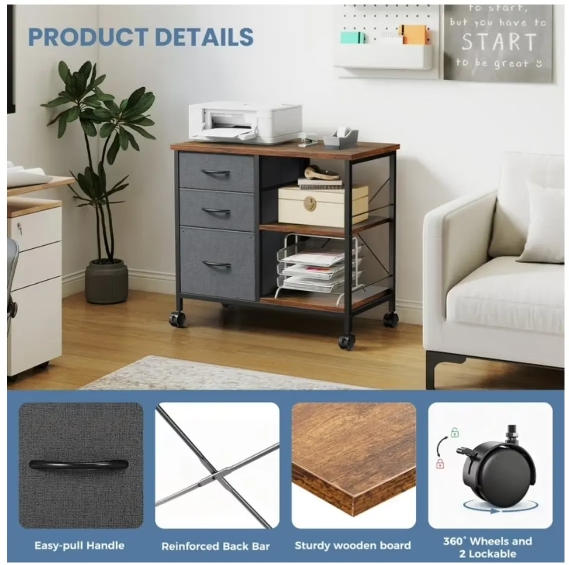 Rolling File Cabinet with 3 Drawers, Fabric Lateral Filing Storage for ...