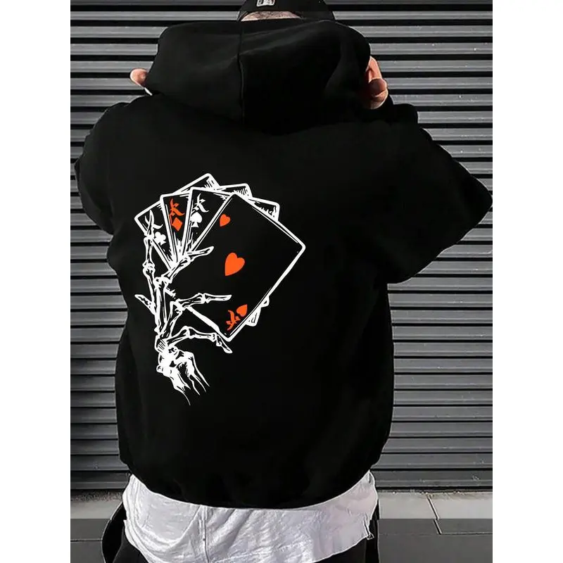 Men's Skeleton Hand & Playing Card Print Drop Shoulder Hoodie, Fashion ...