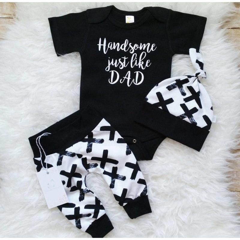 3pcs Newborn Baby Boys Black Rompers+ Crosses Print White Pants Outfits ...