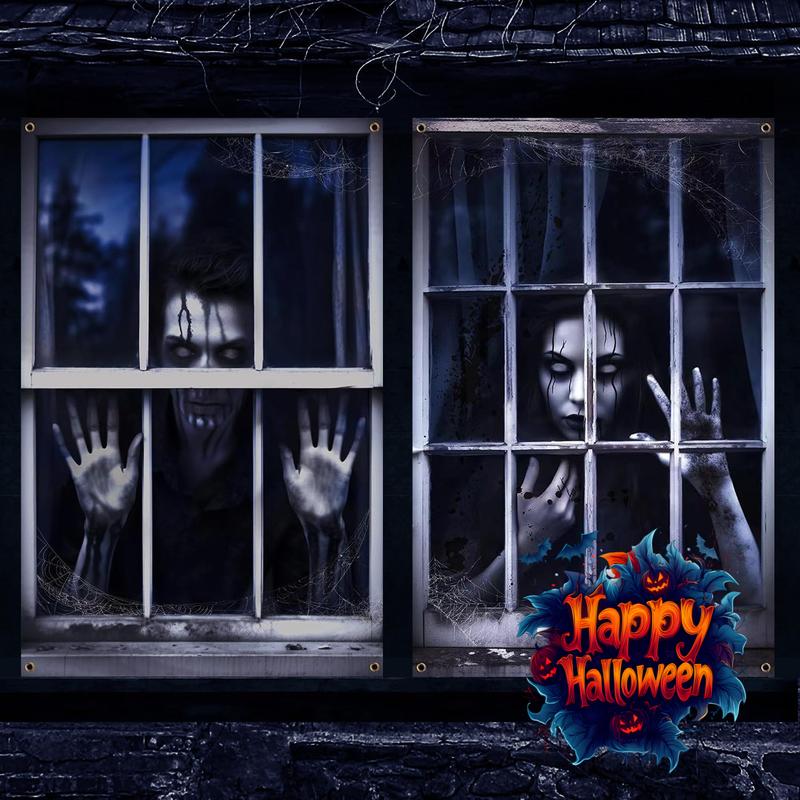 2PCS Halloween Ghost Curtain Scary Halloween Window Cover Blood ...