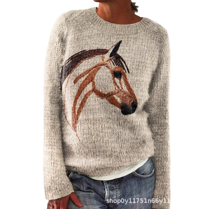 Women'S Autumn Winter Elegant Leaf Print Sweater - Soft Stretchy Long ...