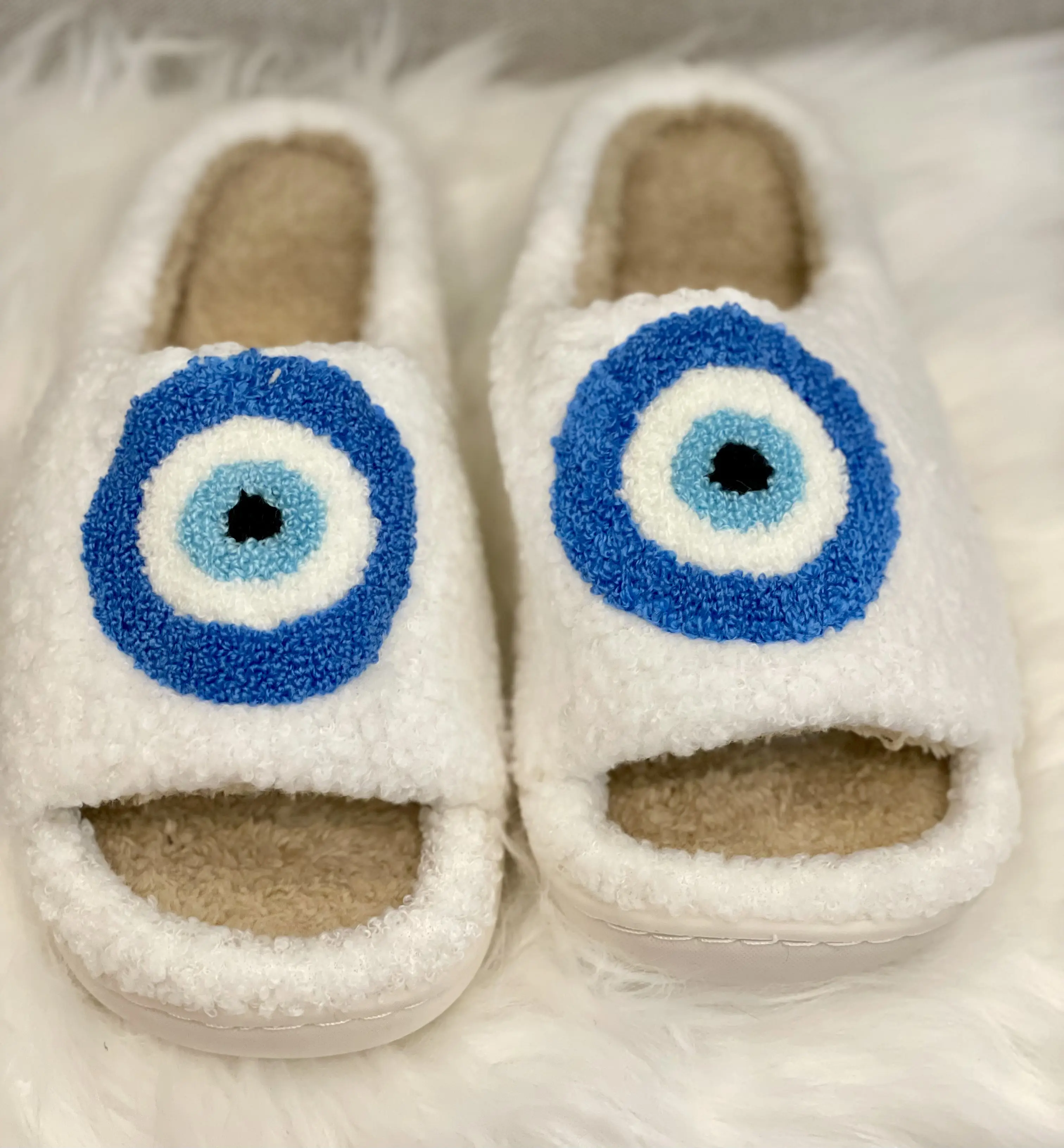 Evil Eye Fuzzy Comfortable Open-Toe Slippers Soft Cozy Indoor Slippers ...