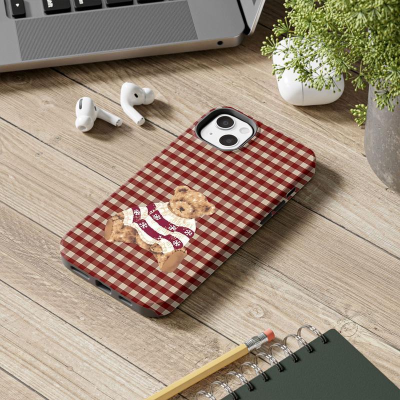 Tartan Plaid Teddy Bear Phone Case – Cozy Winter Bear Sweater Design ...