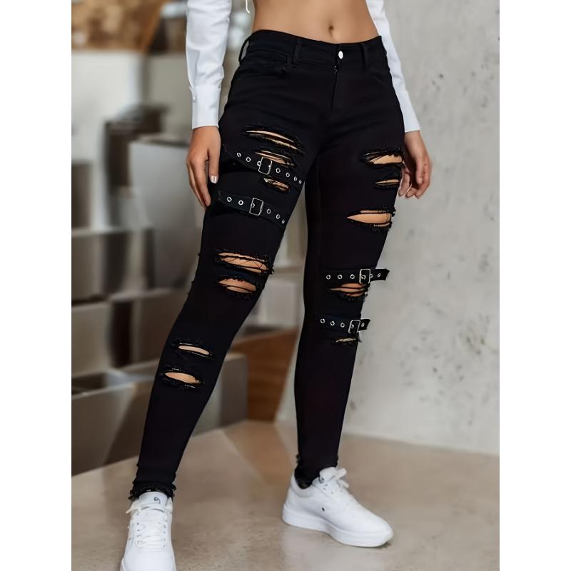 Women's-Waisted Distressed Black Color Ripped Jeans With, Style Skinny ...
