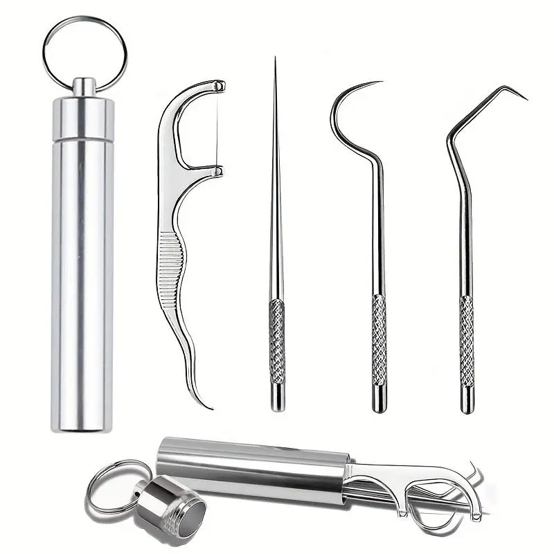 Portable Dental Floss and Picks Set, 4 Count Stainless Steel Dental ...