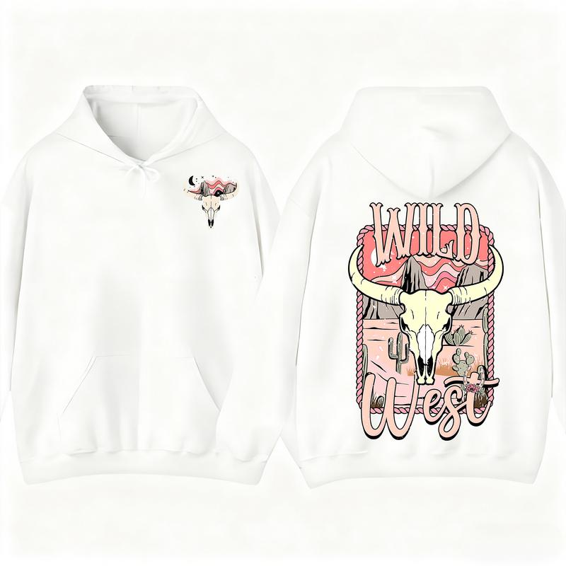 Wild West Desert Skull Hoodie Vintage Cowboy Graphic with Sunset ...