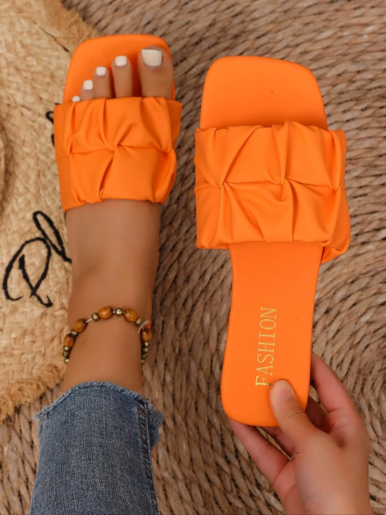 Women's Fashionable Ruched Design Slip on Sandals, Casual Comfortable ...