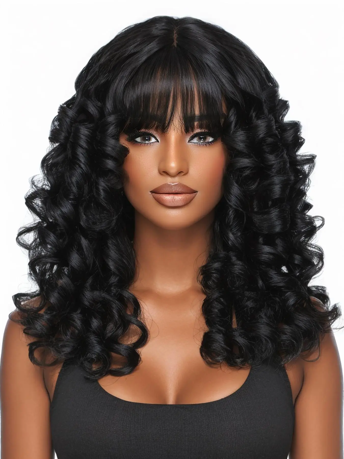 20 Inch Long Curly Wigs for Women, Gorgeous Fluffy Wigs with Bangs ...