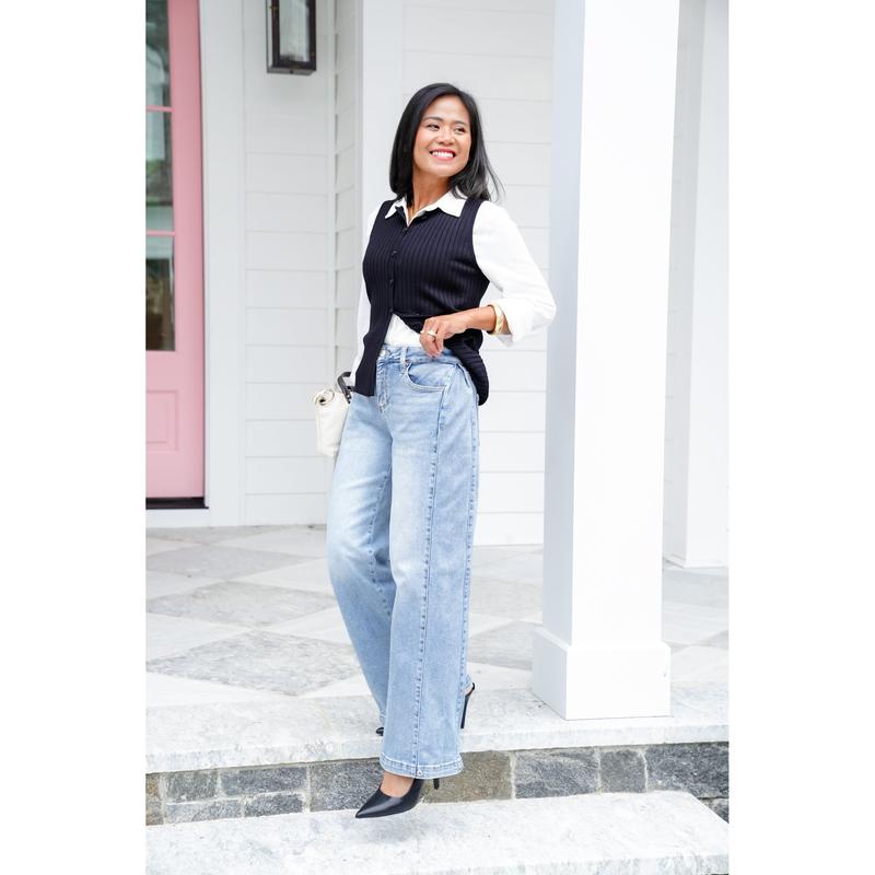 Risen Mid Rise Medium Wash Wide Leg Jeans with Leg Snap For Barrel Fit ...