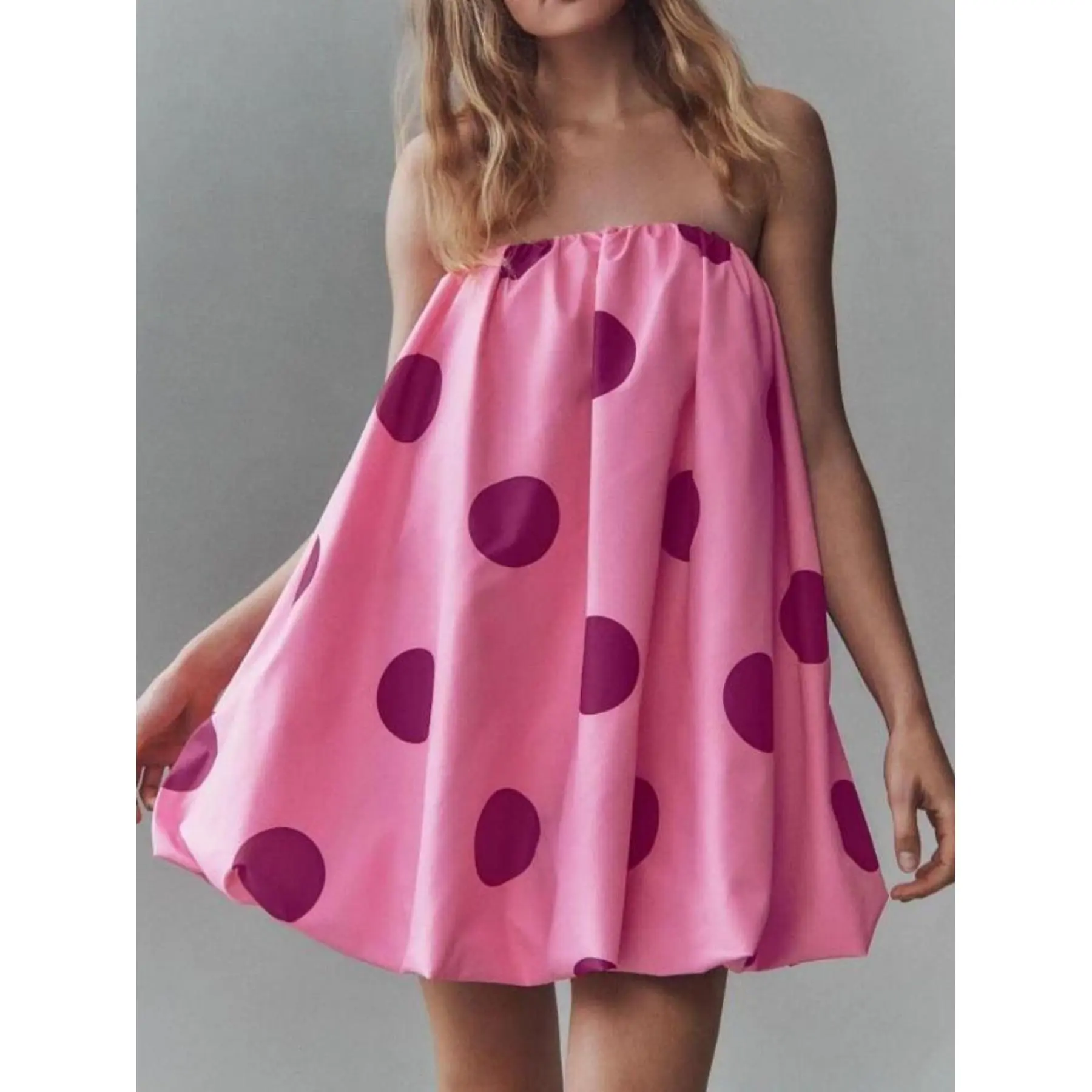 Women's Mini Dress Pink with Purple Polka Dots, Sleeveless, Casual ...