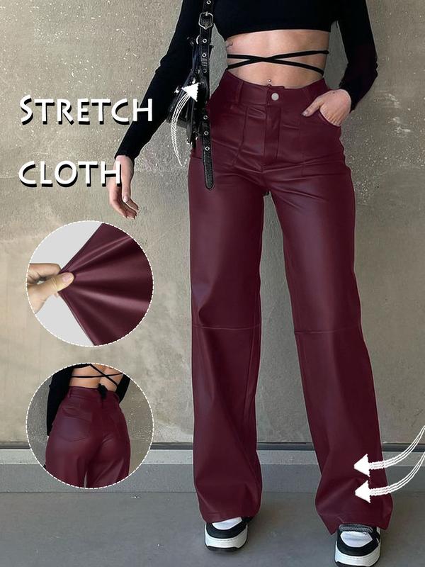 Y2K Style PU Leather Loose Fit Trousers, High-Waisted Plain Design for ...