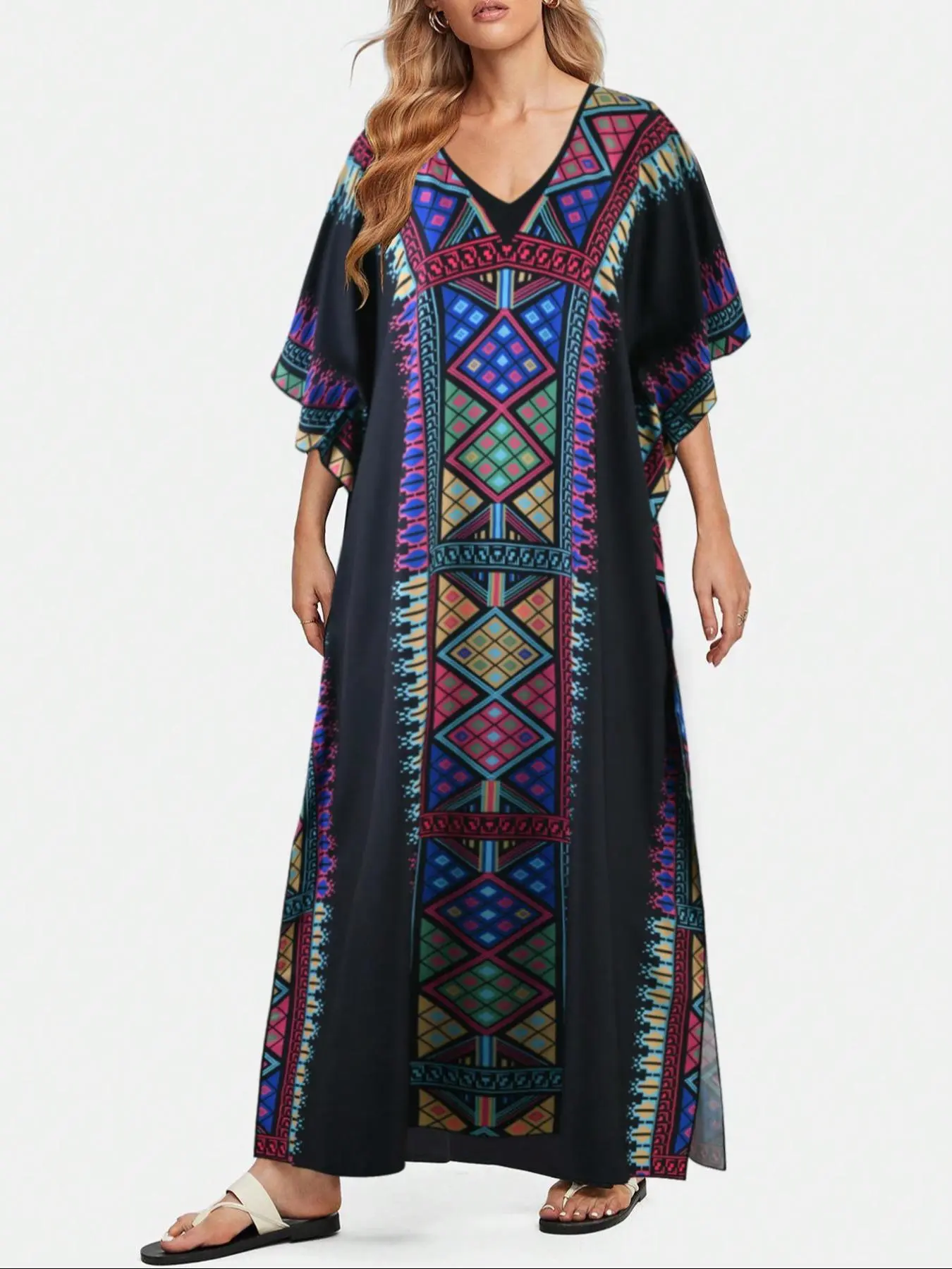 Women's Ethnic Print Long Dress, Casual V-Neck Half Sleeve Batwing ...
