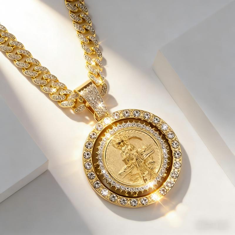 14K Gold Plated Saint Mortule God of Death Pendant Necklace Rotating ...