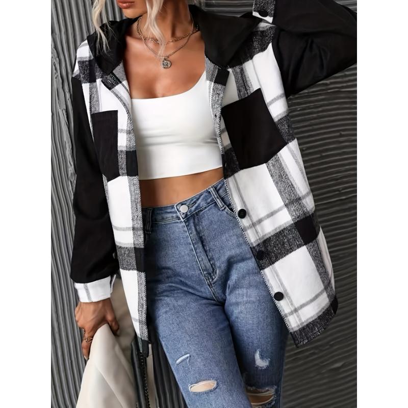 Long Sleeve Plaid Patchwork Hooded Jacket - Women's Casual Button-Up Polyester Jacket with Dual ...