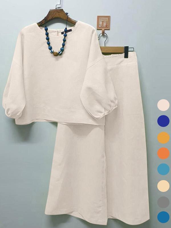 Two-Piece Set Women's Solid Color Drop Shoulder Top & Wide Leg Pants ...