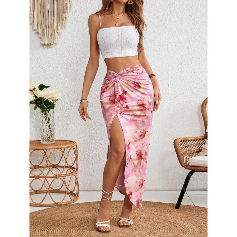 Summer Holiday Two Pieces Set Including Solid Color Spaghetti Strap Top ...