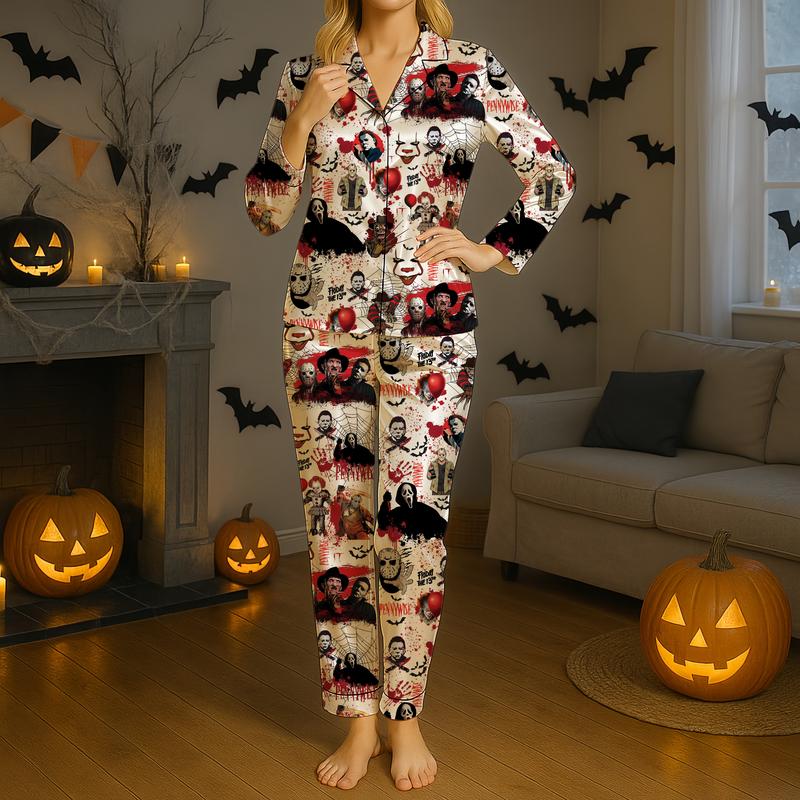 Halloween Horror Character Satin Pajamas, Retro Horror Silk Pajamas ...